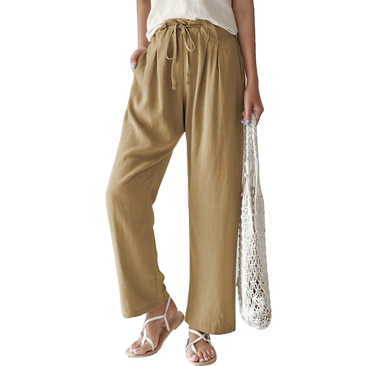 ebossy Women's Summer Drawstring Elastic Waist Cotton Linen Utility Beach Palazzo Pants Pockets (XL, Khaki)