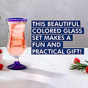 Amici Home Blue Rim Hurricane Glass | Set of 4 | Authentic Mexican Handmade Glassware | Bar Glasses for Pina Coladas, Cocktails, and Other Beverages | 16 Oz
