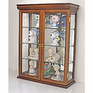 DisplayGifts 26" Solid Wood Tuscan Style Wall Mount Small Curio Cabinet Stand 19.75" W X 26" H X 7" D Walnut Mirror Background