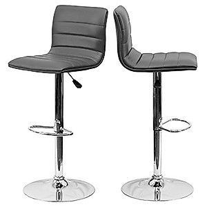 KLS14 Modern Barstools Horizontal Line Design Hydraulic Adjustable Height 360-Degree Swivel Seat Sturdy Steel Frame Chrome Base Dining Chair Bar Pub Stool Home Office Furniture - Set of 2 Grey #1980