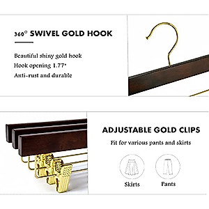 HUMIA 28 Pack Walnut Wooden Pants Hangers with Gold Hook, Solid Wood Skirt Hanger Trousers Bottom Hangers with 2 Adjustable Gold Clips, Clothes Hanger for Jeans, Shorts, Slacks (Walnut, 28)