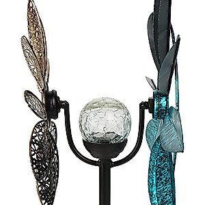 Glintoper Solar Wind Spinner, Outdoor Metal Stake Yard Spinners, Hollow Leaf Garden Kinetic Wind Catcher Wind Mills, Solar Powered Color Changing LED with Glass Ball, for Patio Lawn Yard