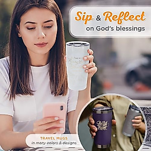 Christian Art Gifts Large Travel Tumbler for Women Stainless Steel Vacuum Insulated Inspirational Scripture: Everything Beautiful, Retractable Lid, Ivory White Floral, 18 oz.