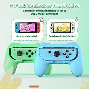 FASTSNAIL Grips Compatible with Nintendo Switch for Joy Con & OLED Model for Joycon, Wear-resistant Handle Kit Compatible with Joy Cons Controllers, 2 Pack(Light Green and Light Blue)