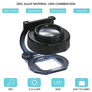 25X Loupe Magnifier Mini Rechargeable Foldable Pocket Magnifier Zinc Alloy Magnifying Glass Illuminated Handhold Magnifier for Jewelry Textile Currency Coins Stamps Circuit Board Gems