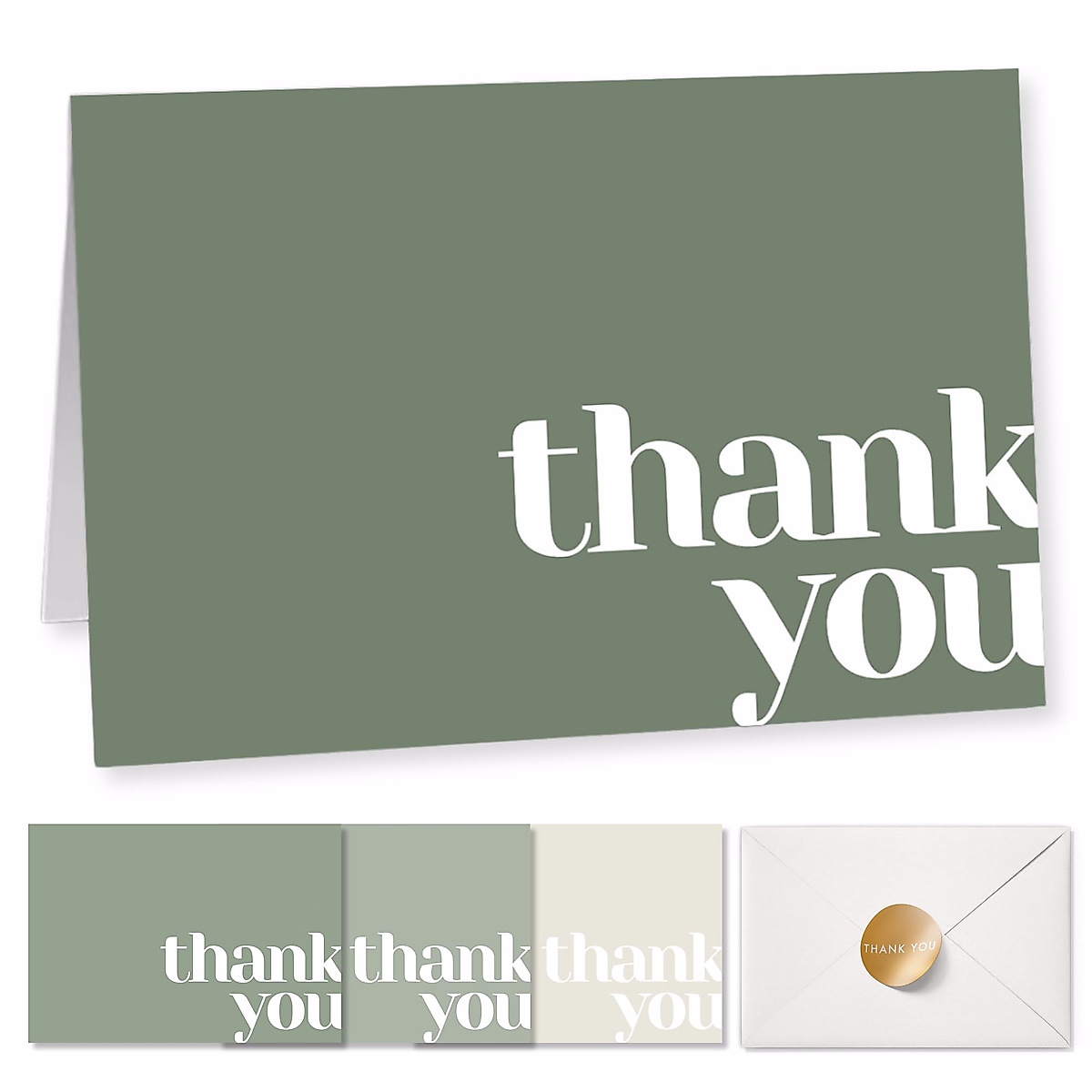 Paper Play Thank You Cards Bulk Pack of 40 Green, 5x3.5 Inches with Matching Stickers & Envelopes, Minimalistic Design Suitable for Business, Baby Shower, Wedding, Small Business, Graduation, Funeral