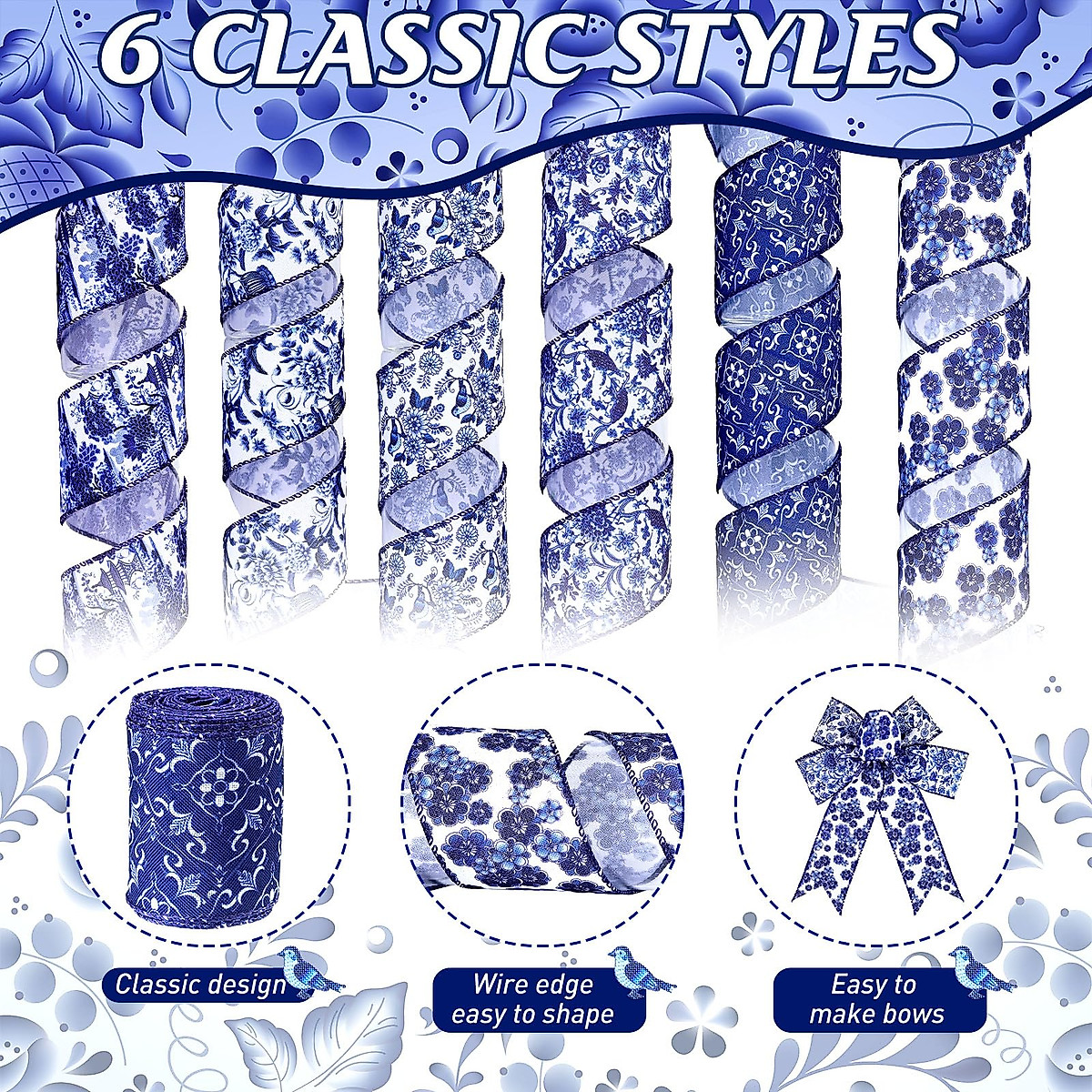 Lyrow 6 Rolls Christmas Chinoiserie Ribbon White and Blue Wired Edge Floral Ribbon Butterfly Flower Pattern Fabric Craft Wreath Bow Wrapping 2.52 Inches by 5 Yards