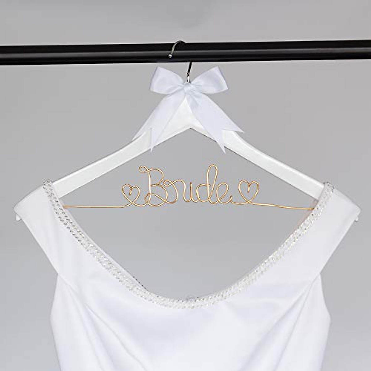 Ella Celebration Bride to Be Wedding Dress Hanger Wooden and Wire Hangers for Brides Gowns, Dresses (White with Light Gold and Bow)