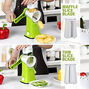 Masthome Rotary Cheese Grater, Kitchen Mandoline Vegetables Slicer with 5 Interchangeable Blades, Manual Cheese Grater Slicer for Cheese, Nuts, Fruit, Carrot, Cucumber-Green