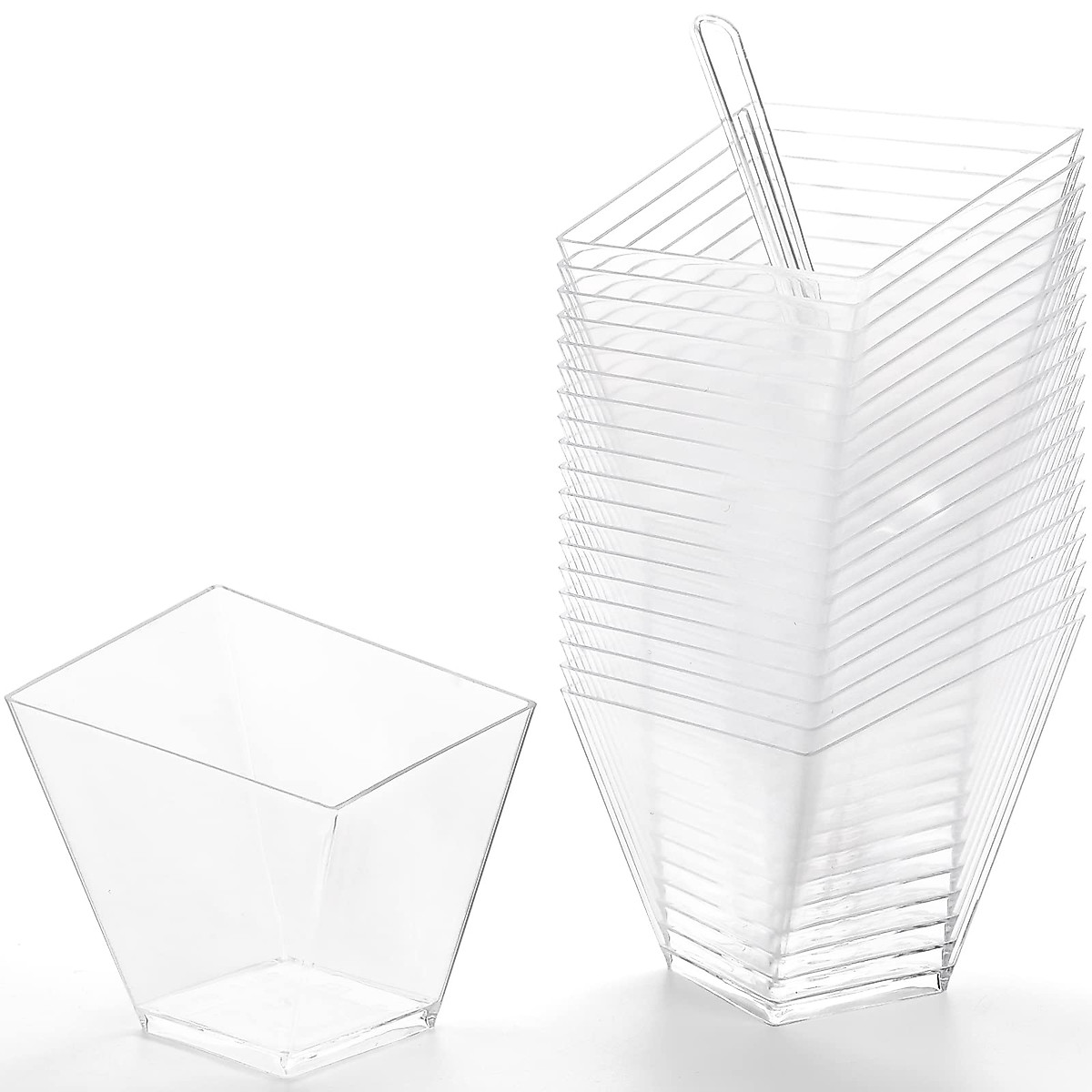 Fasmov Dessert Cups with Spoons, 100 Pack 4oz Square Clear Plastic Parfait Appetizer Cup, Plastic Tumbler Cups Pudding Cups for Fruit, Desserts, Mousse, Ice Cream