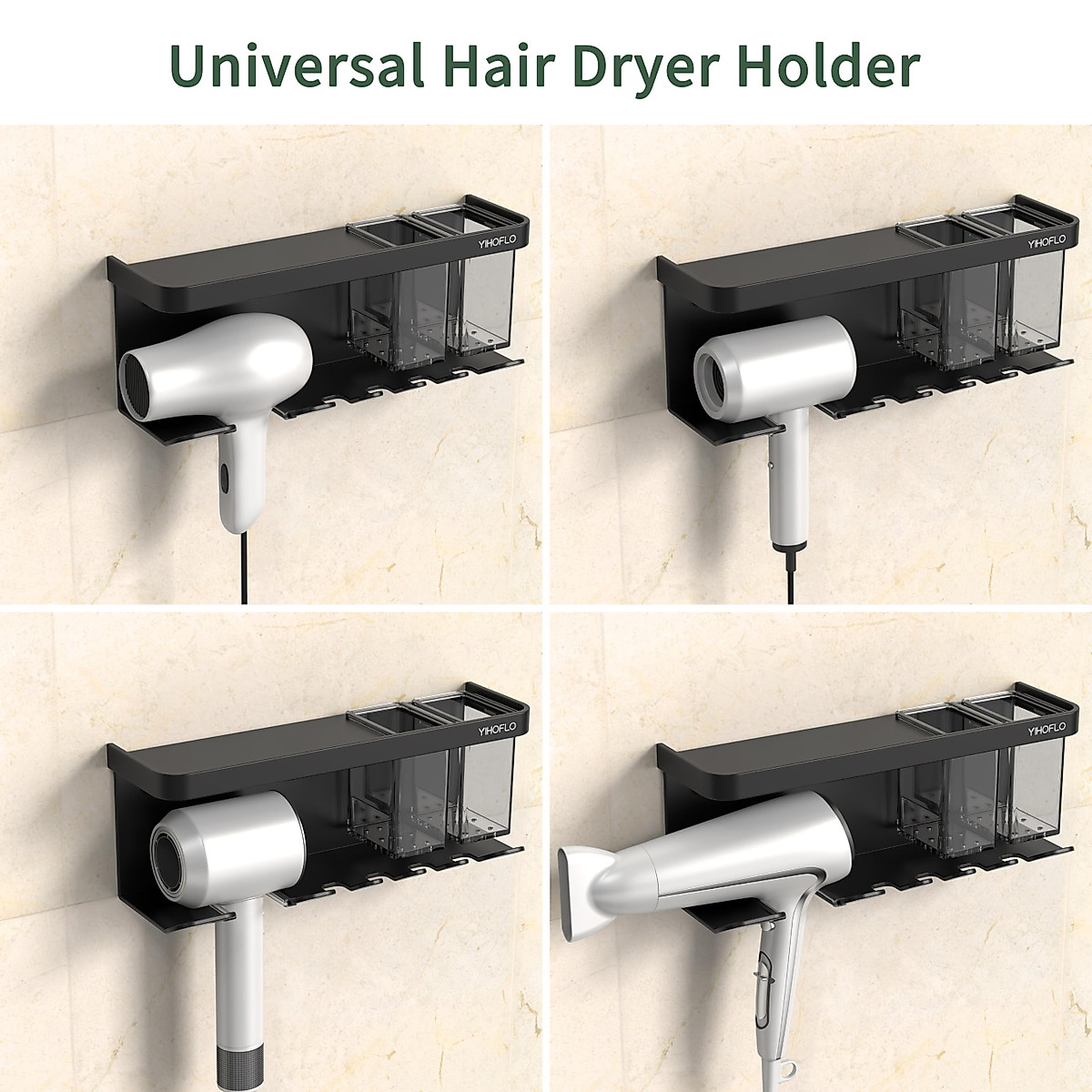 YIHOFLO Hair Dryer Holder Wall Mounted Adhesive/Drilling, Hair Dryer Storage Organizer with Shelf & Hooks. Hair Dryer Rack for Bathroom, Blow Dryer Holder, Hair Tool Organizer (Black)