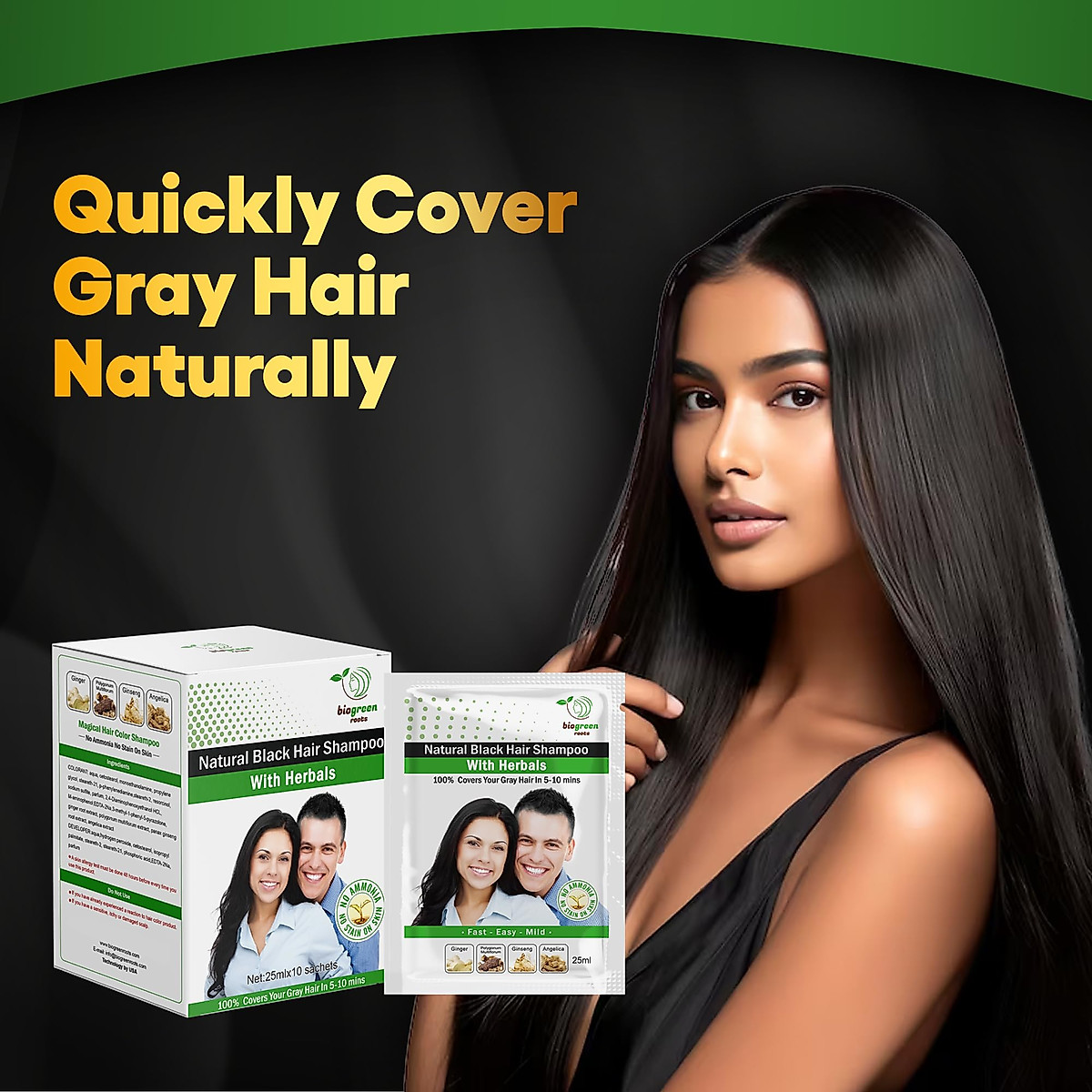 BIOGREEN ROOTS Ammonia-Free Herbal Hair Shampoo - Effectively Covers Gray Hair for Men and Women - Natural Color and Herbal Nourishment - No Stain on Skin - Natural Black (20 sachets x 25 ml)