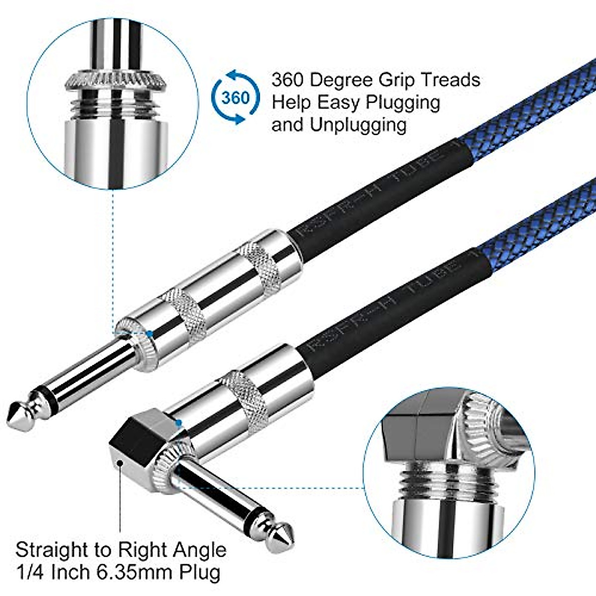 JOLGOO 1/4 Inch Cable Guitar Cable 10 Ft Straight to Right Angle 1/4 Inch 6.35mm Plug Bass Keyboard Instrument Cable Blue and Black Tweed Cloth Jacket, electric mandolin, pro audio