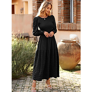 PRETTYGARDEN Women 2024 Puff Long Sleeve Crewneck Smocked Maxi Dress Solid Empire Waist Tiered A-line Swing Flowy Long Dress(Black,Medium)