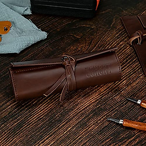 ECHSRT Leather Pencil Case Roll Up Bag Pencil Pouch Wrap Foldable Tool Roll Supplies Art Stuff Organizer Vintage Gift for Office Artist Adults, Brown