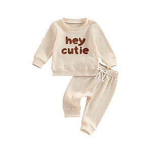 Toddler Baby Girl Boy Fall Winter Waffle Outfit Set Letter Printed Long Sleeve Sweatshirt Tops + Pants (Apricot, 6-12 Months)