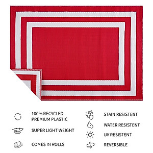 Outdoor Rug - Crease-Free Recycled Plastic Floor Mat for Patio, Camping, Beach, Balcony, Porch, Deck - Weather, Water, Stain, Lightweight, Fade and UV Resistant - Paris- Red & White (6'x9')
