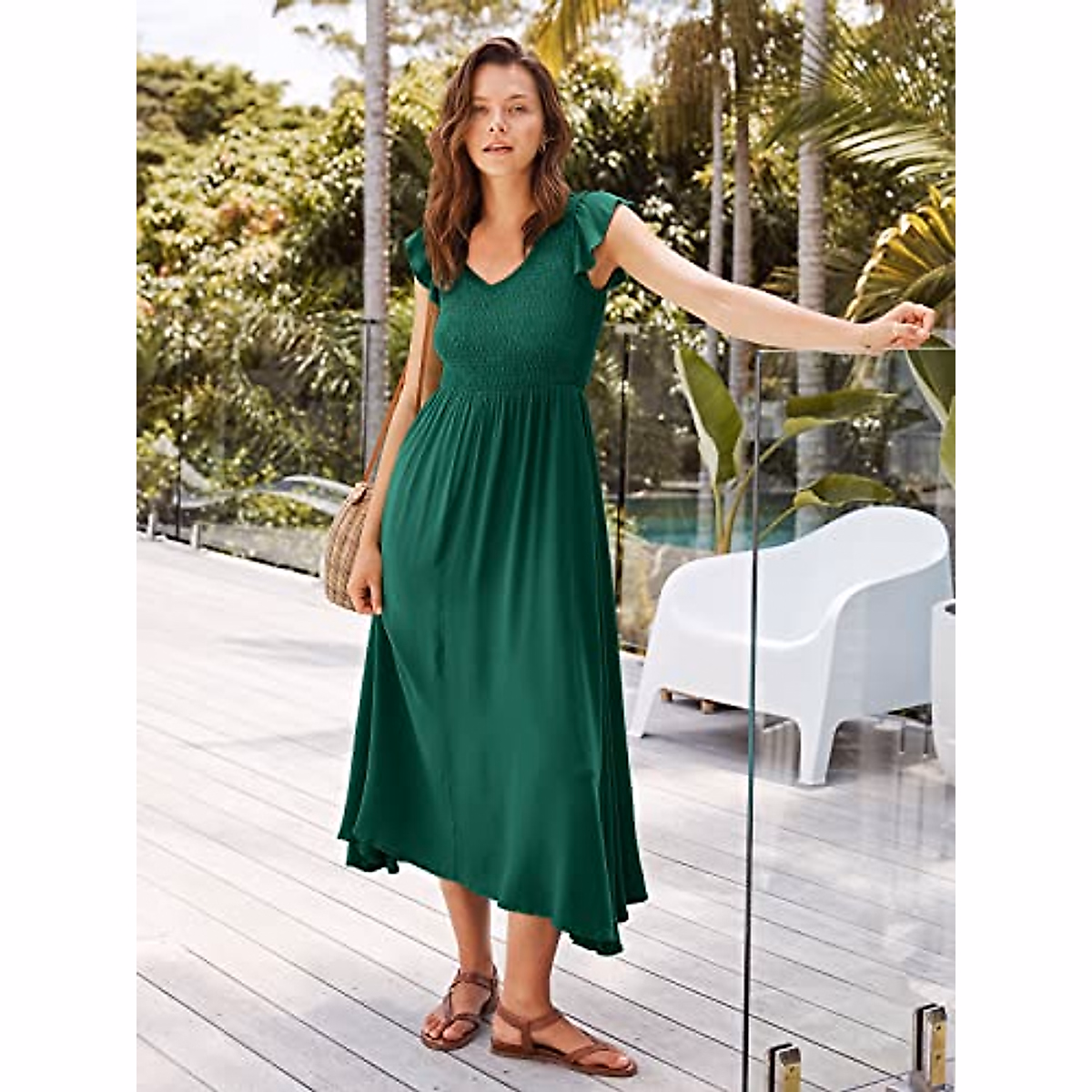 ANRABESS Women's Summer V Neck Ruffle Sleeve Midi Dress Boho Smocked Swing Long Dress with Pockets A836-yelv-L