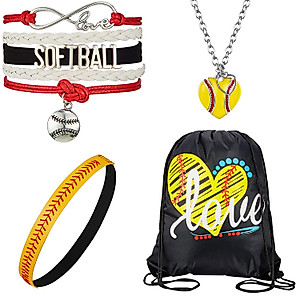 WILLBOND 4 Pieces Softball Girl Accessories Set, Softball Headband Softball Bracelet Softball Necklace Softball Drawstring Bag for Women Girls
