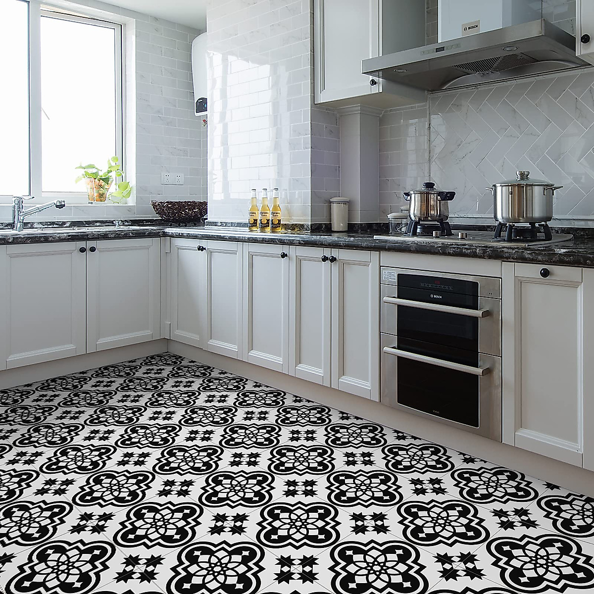 Peel and Stick Floor Tile Peel and Stick Flooring 12in ×12in Suit for Bathroom and Kitchen (Black and White, 10 Pcs)…