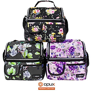 OPUX Lunch Bag Women Insulated, Adult Lunch Box Cooler, Flower Lunch Box, Dual Compartment Lunchbox for Work, Leakproof Double Decker Lunch Bag, Soft Lunch Pail Tote Girls Kids School, Floral Gray