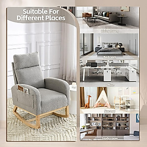 JEEOHEY Rocking Chair Nursery,Teddy Fabric Upholstered Baby Glider Rocker Chair,Comfy Accent Arm Chair with Side Pockets&Solid Wood Legs,Modern Nursing Single Sofa Chair for Living Room,Bedroom(Grey)