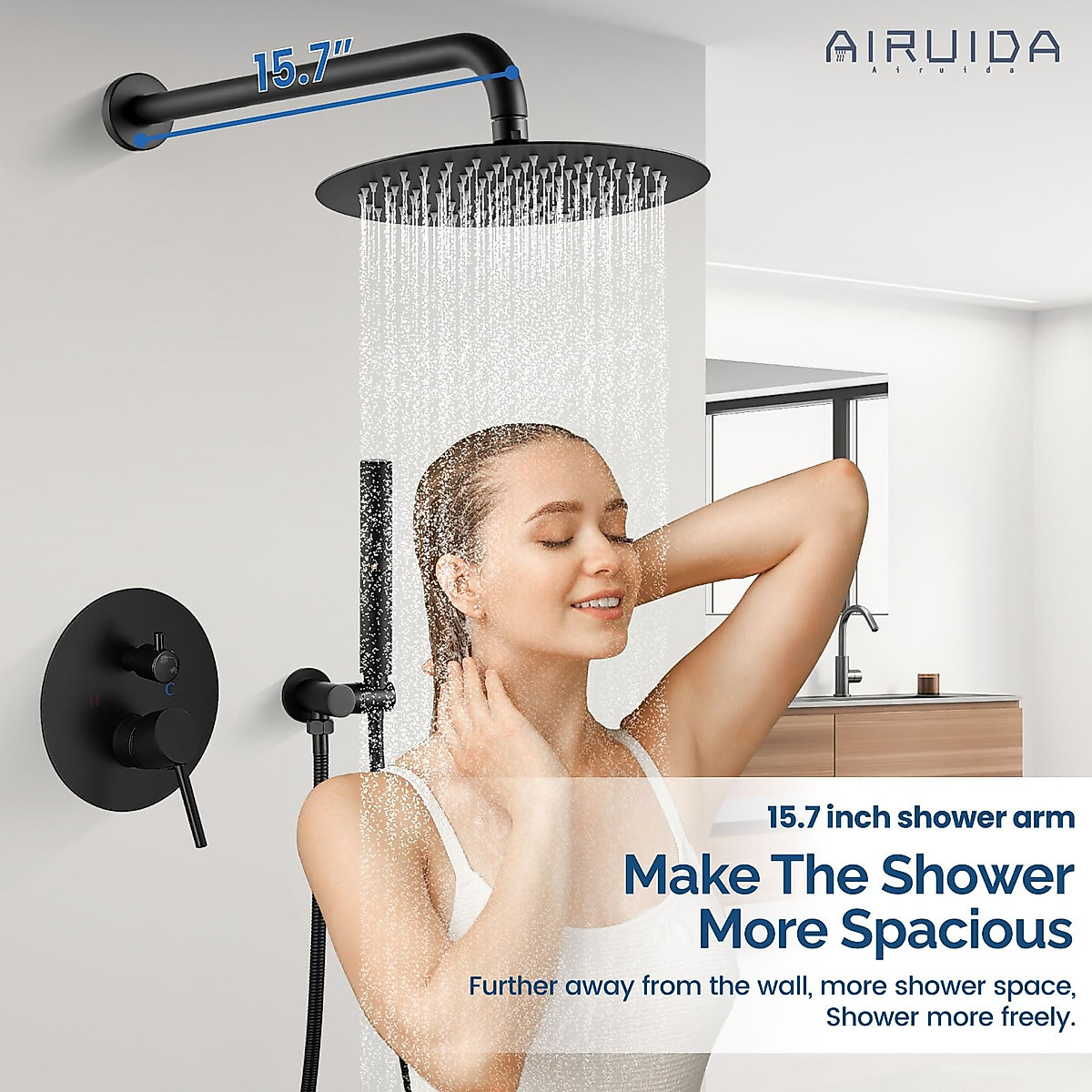 Airuida Shower Fixtures Matte Black 2 Functions 10 Inches Round Rainfall Shower Head and High Pressure Brass Shower Handheld Mixer Bathroom Wall Mount Shower System with Rough-in Valve