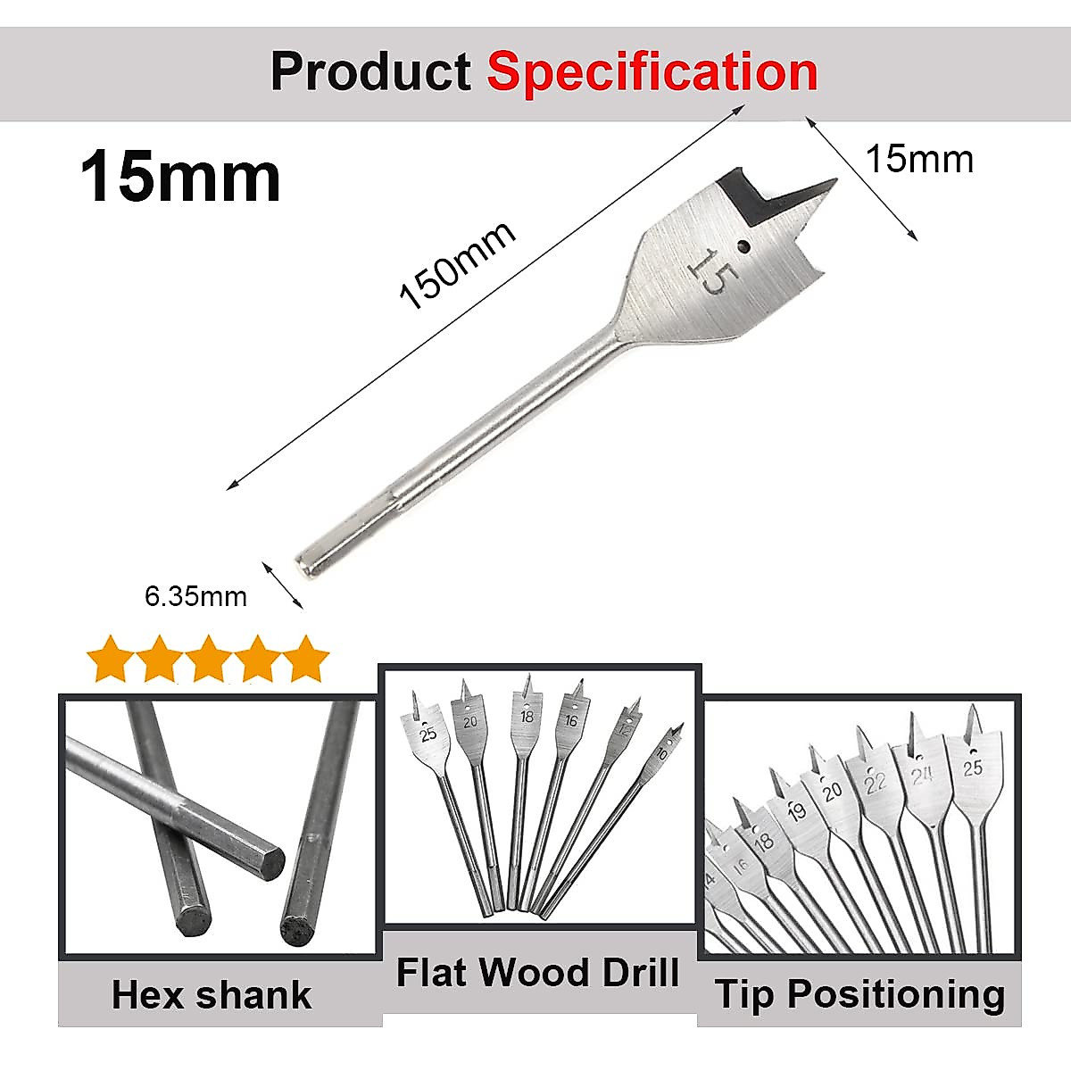 SagaSave 15MM High Carbon Steel Spade Drill Bit,Woodworking Paddle Flat Bit for Wood,Soft & Hardwood,Gypsum Board,Clinker,Foam Box-1PCS Silver