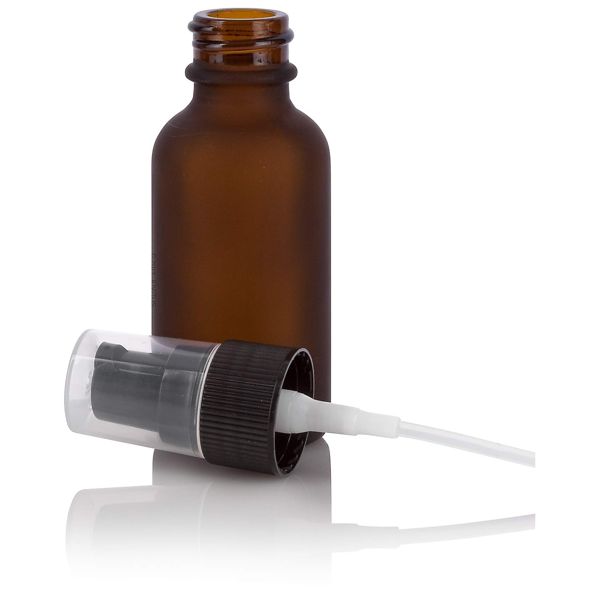 JUVITUS 1 oz / 30 ml Frosted Amber Glass Boston Round Bottle with Black Treatment Pump (12 pack) + Funnel