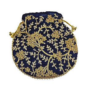 Truesellershop Indian Ethnic Designer Embroidered Silk Potli Bag Batwa Pearls Handle Purse Clutch Purse for Women (Navy Blue)