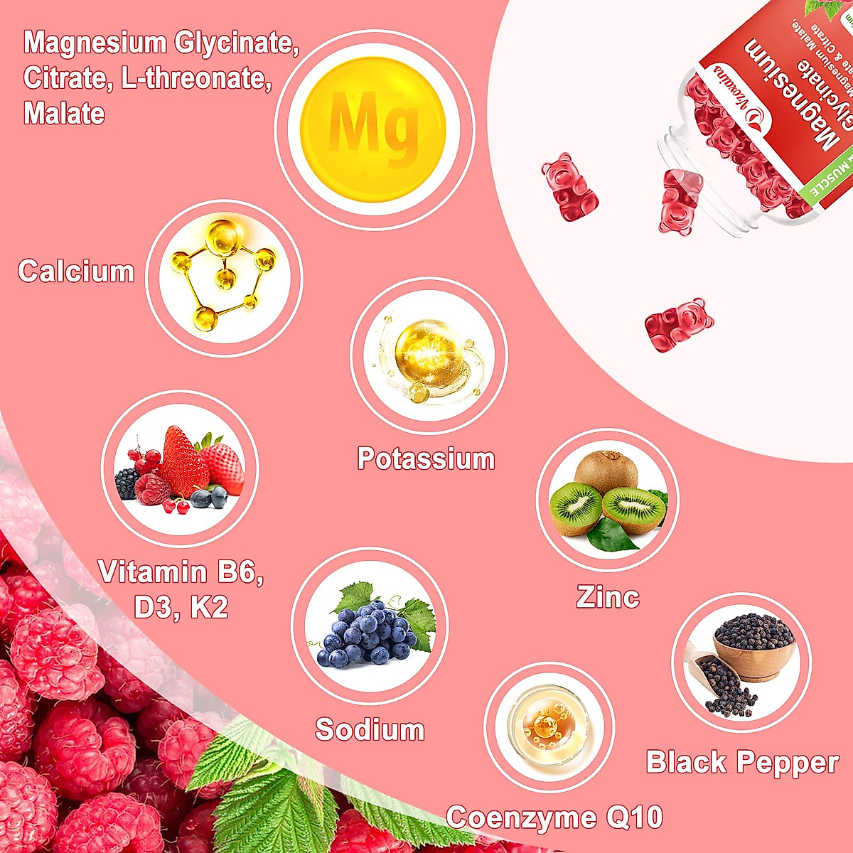Magnesium Glycinate Gummies 600 mg, Magnesium Gummies for Adults and Kids, Support for Relaxtion and Muscle, 60 Raspberry Flavored Gummies