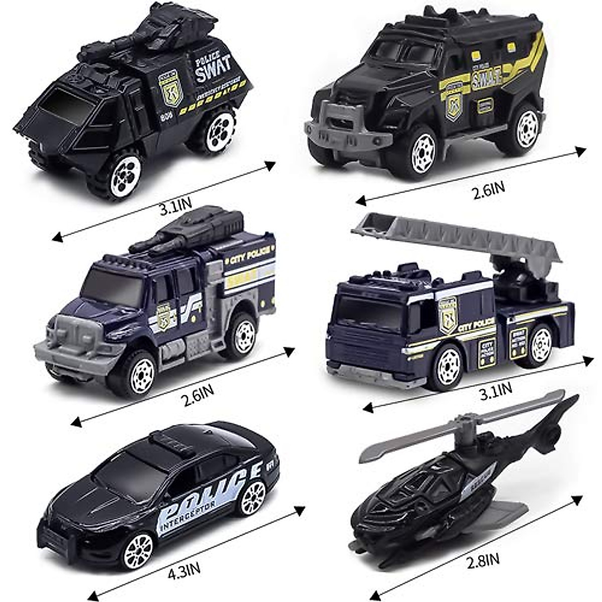 6 Pack Diecast Police Car Toy Set, Mini Alloy Models Police Car Toys for Boys 3-5 6 7, Armored Vehicle, Bulletproof Car, Rescue Truck, Military Helicopter, Armed Car Police Toys Kids Birthday Gift