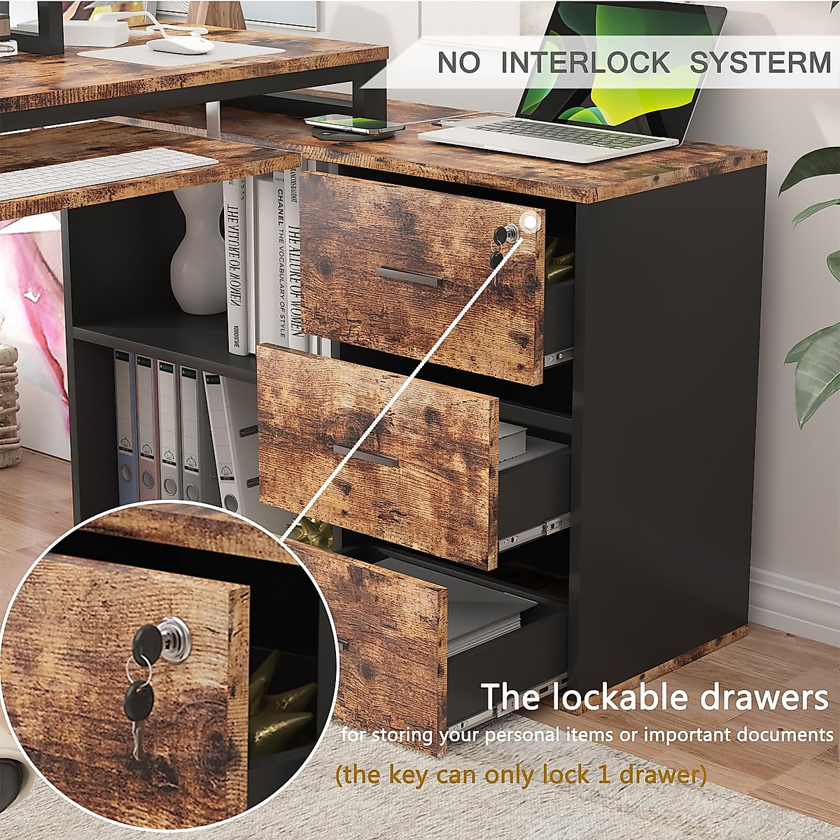 Hsozptry L Shaped Desk with Power Outlet & Drawers, Reversible Corner Computer Desk with Keyboard Tray, Monitor Stand & Storage Shelve, Large Home Office Desk, Rustic Brown