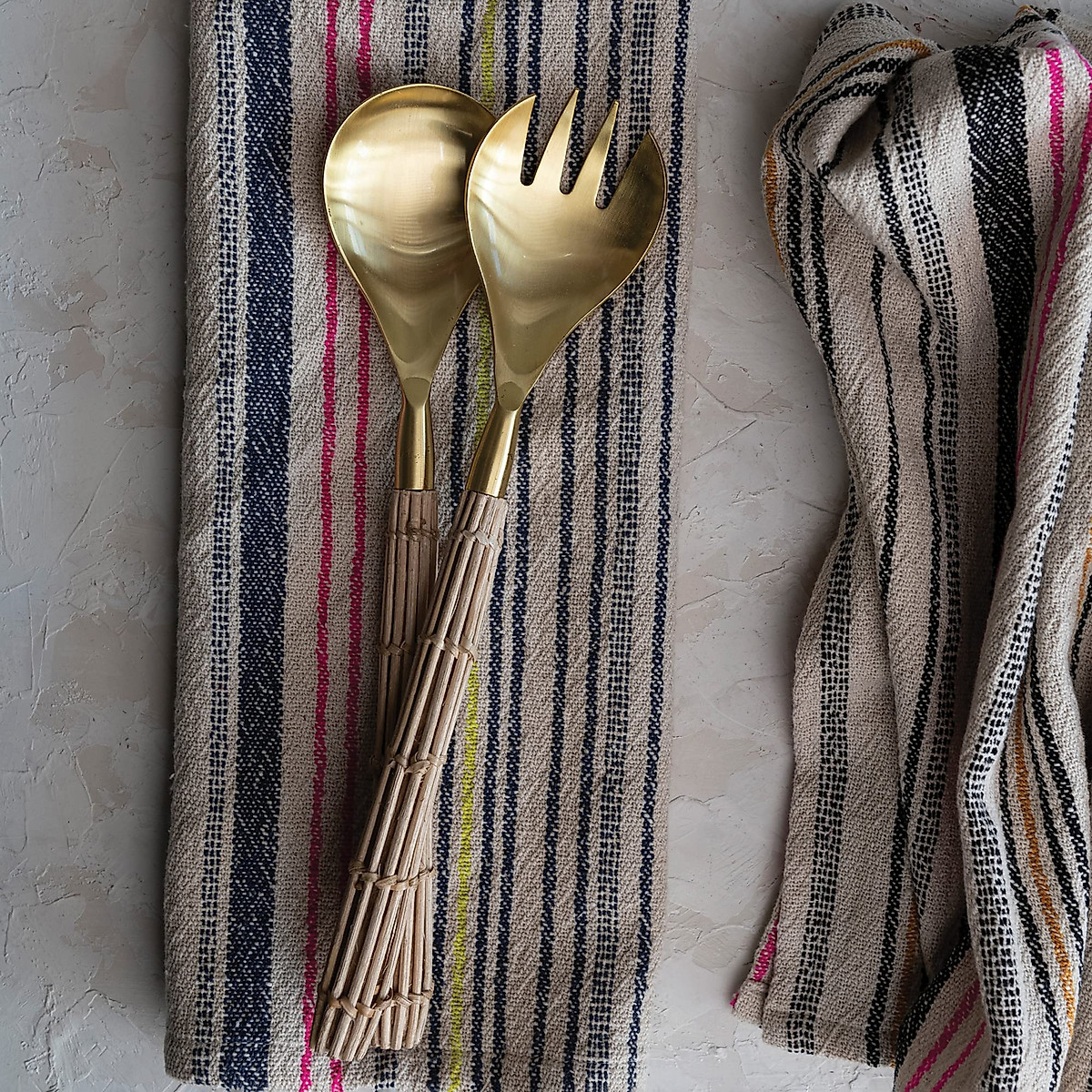 Creative Co-Op Stainless Steel Rattan Wrapped Handles, Set of 2 Styles Salad Servers, Natural