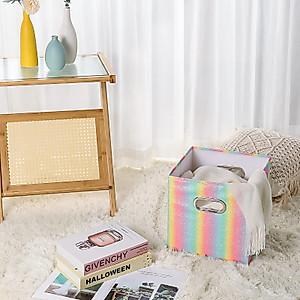 ANMINY 4 PCS Glitter Storage Cubes Shiny Sparkly Foldable Storage Basket Bin Box Set with Handles Collapsible Decorative Large Fabric Desktop Closet Shelf Organizer Container - 11x 11x 11 in, Silver