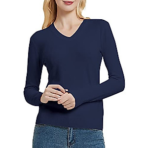 Urban CoCo Women's V Neck Long Sleeve Solid Classic Knit Pullover Sweater Tops (Navy Blue, L)