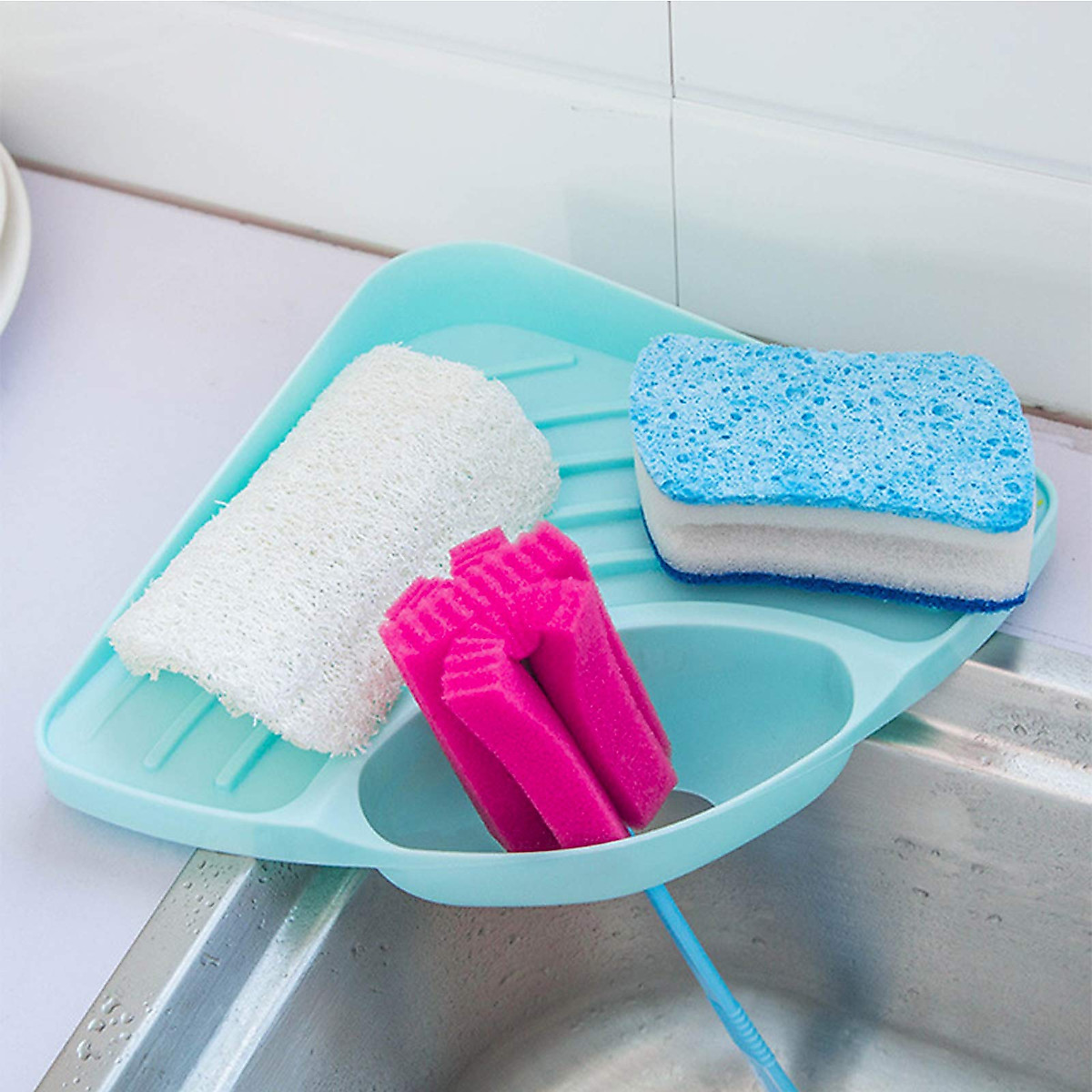 Baihuigo Sink Caddy Corner Holder:Corner kitchen Sink Caddy Organizer Sponge Dish Brush Holder Great for Sponges, Soap, Scrubbers, Cleaning Brush sink organizer. (Blue)