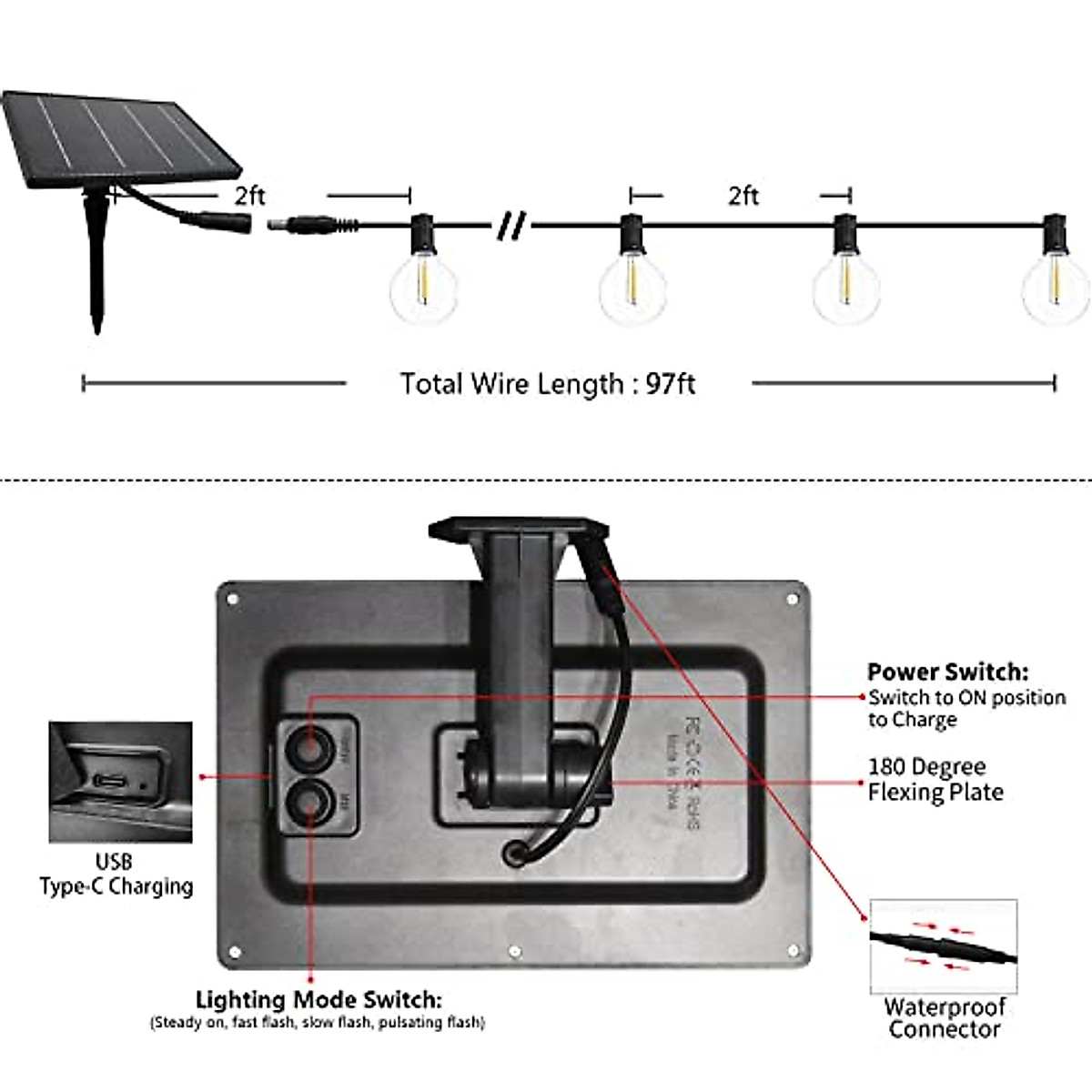 SUNTHIN Solar String Lights Outdoor, 97ft Solar Patio Lights with 48 Shatterproof G40 LED Bulbs, Hanging Solar Lights for Garden, Backyard, Porch, Bistro, Camping, Cafe Decor