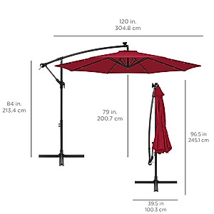 Best Choice Products 10ft Solar LED Offset Hanging Market Patio Umbrella for Backyard, Poolside, Lawn and Garden w/Easy Tilt Adjustment, Polyester Shade, 8 Ribs - Burgundy
