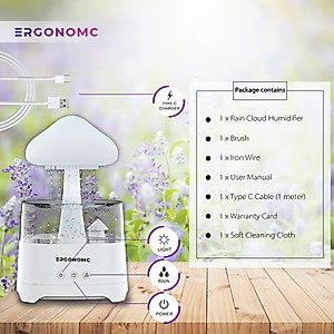Rain Cloud Humidifier Water Drip, 2X Cool Mist Rate Ultrasonic Aromatherapy Diffuser by Ergonomc: Remote Controlled, 7 Color Night Light, 450ml, Auto Shut Off, Mushroom Humidifier, 1Yr Warranty