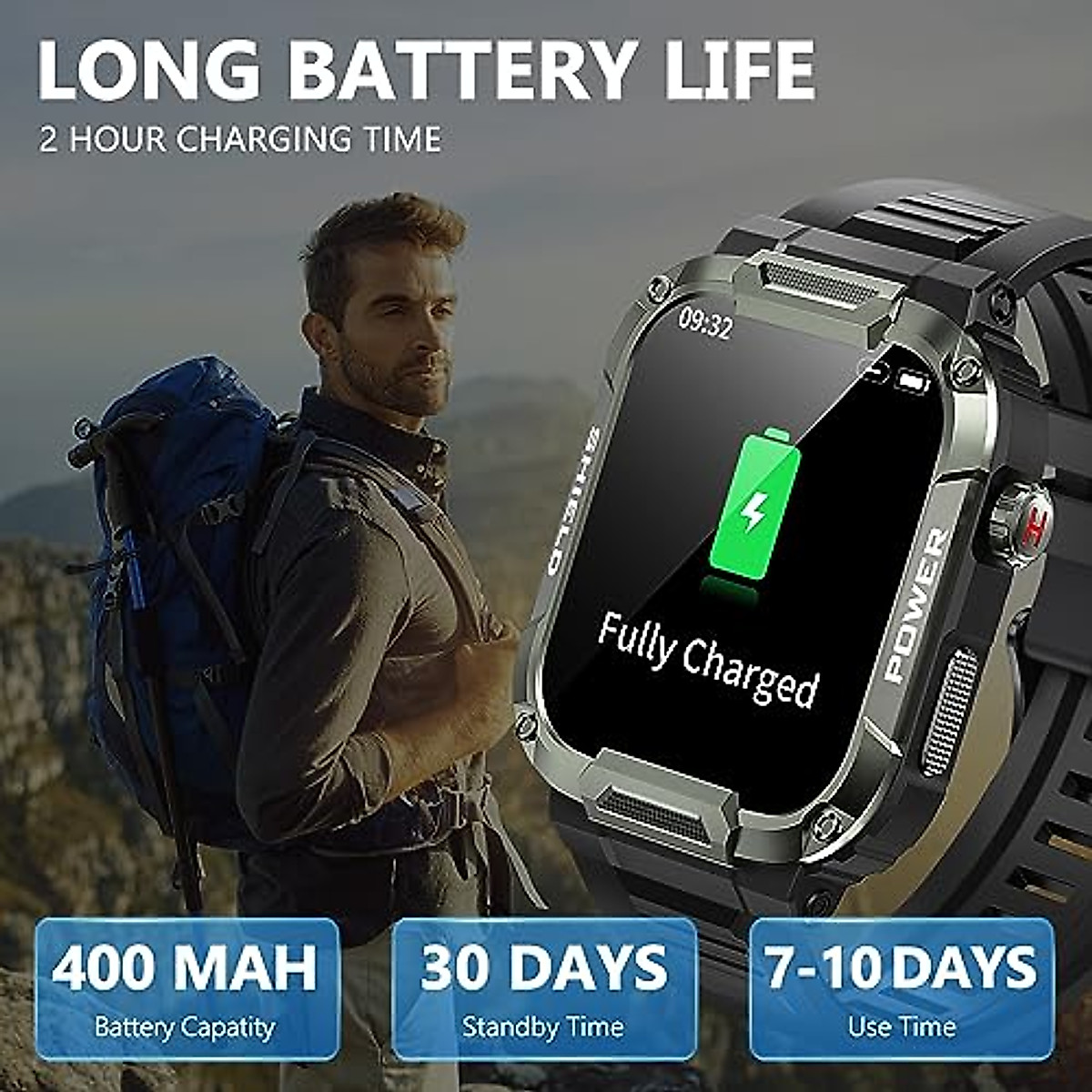 Jireausty Smart Watch for Men - 1.85“ Military Smart Watches IP68 Waterproof Smart Watches with Bluetooth Call Outdoor Tactical Sports Rugged Fitness Tracker Watch for iPhone Android