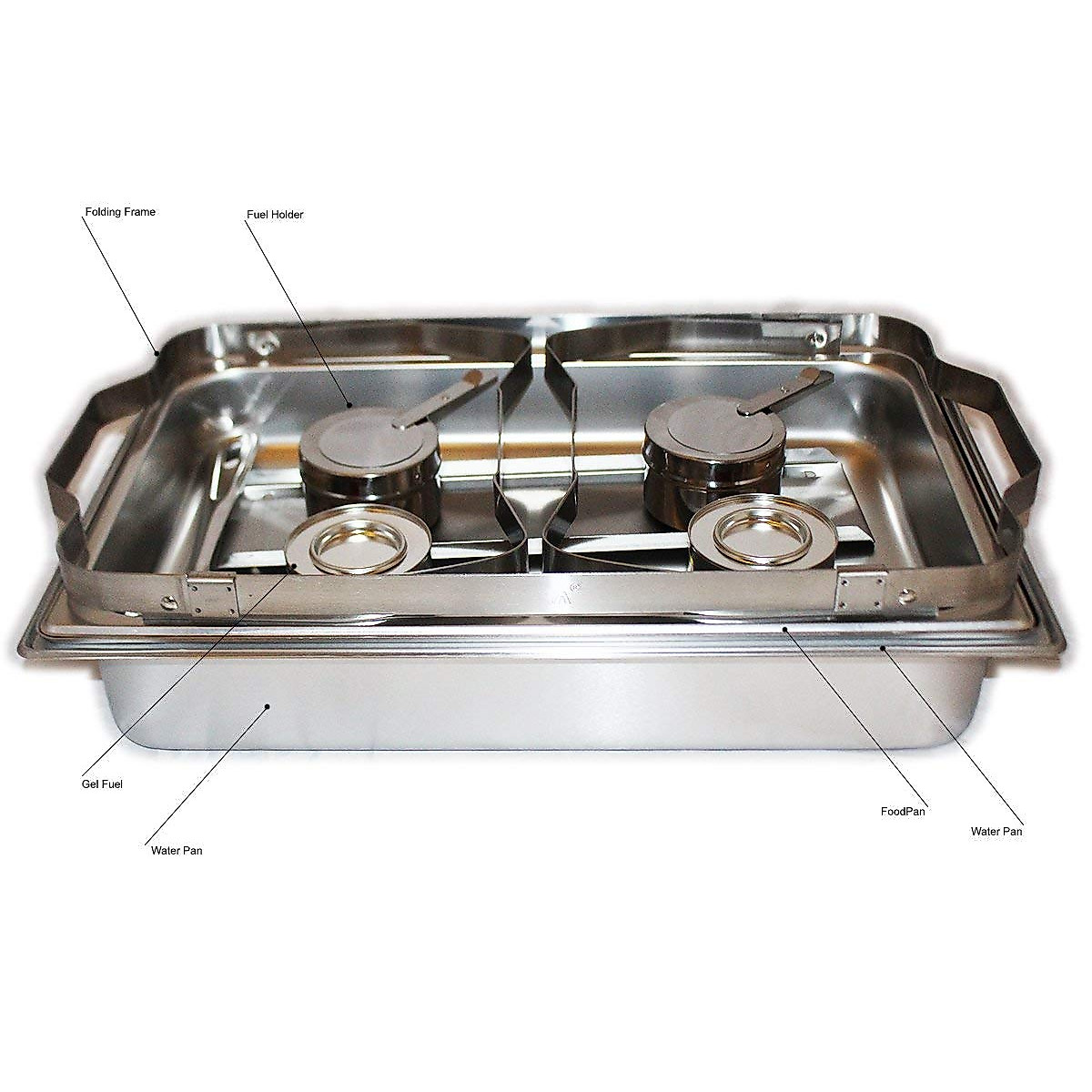 TigerChef 8 Quart Full Size Stainless Steel Chafer with Folding Frame and Cool-Touch Plastic on top - Includes 2 Free Chafing Gels and Slotted Serving Spoon (1, 8 Quart Chafer)