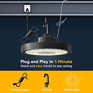 VANoopee 4 Pack 100W High Bay LED Lights 3000K 4000K 5000K Bright UFO LED High Bay Light Commercial Bay Lighting for Warehouse Workshop Barn Garage - 5' Cable with Plug, IP65 14000lm(400W MH/HPS Eqv.)