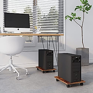 JOIN IRON CPU Stand Computer Tower Stand, Set of 2 Pc Tower Stand, Floor Pc Stand for Under Desk, Wood CPU Holder Stand Cart with Lockable Wheels, for Office, Home（Brown (Set of 2)