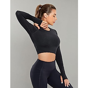VANTONIA Women's Seamless Long Sleeve Crop Top Cute Workout Yoga Top Breathable Sports Running Gym Shirts with Thumb Holes Dark Black Marl X-Large