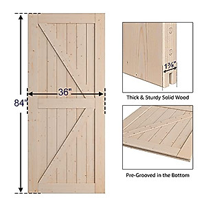 SmartStandard 36in x 84in Barn Door Kit, (2-Panel Sliding Door & Pull and Handle Set & Floor Guide), Pre-Drilled Ready to Assemble, Natural Unfinished Solid Wood Door, K-Frame (Fit 6FT -6.6FT Rail)