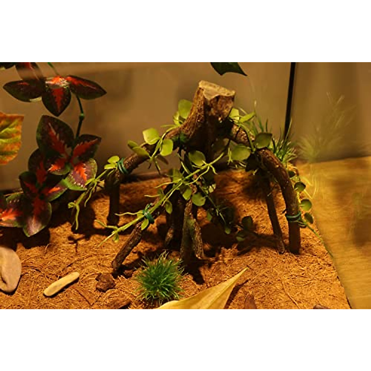 HRRIVE Reptile Corner Climbing Branch with Plant Leaves Terrarium Habitat Decoration for Bearded Dragon Lizard Snake Hermit Crab Crested Gecko Leopard Chameleon Frog Climbing Accessory