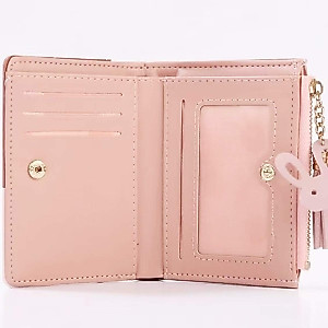 Chicmo Small Wallet for Women Girls, Bifold Slim PU Leather Multi Slots Card Holder Organizer Coin Purse Zipper with Tassel Pendants (Pink)
