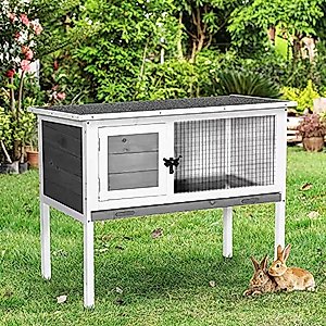 AMZOSS 36" Rabbit Hutch, Wooden Bunny Cages Indoor with Deeper Leakproof Tray, Small Elevated Rabbit Hutch with Hinged Asphalt Roof, and Made of Strong Fir Wood Indoor/Outdoor (US Spot)