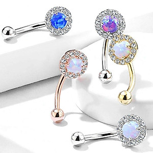 Prong Set Opal Center with CZ Paved Surrounding 316L Surgical Steel Eyebrow Rings/Curved Barbells (Rose Gold/Opal White)